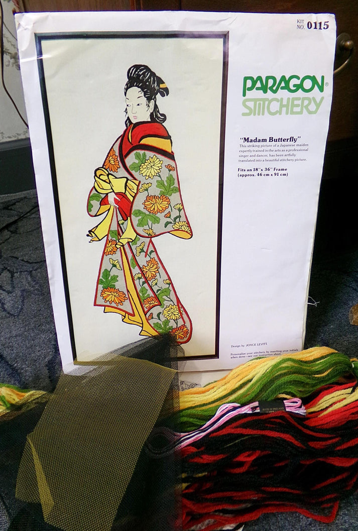 MADAM BUTTERFLY Crewel Embroidery Kit, Rare Vintage Paragon Stitchery ...